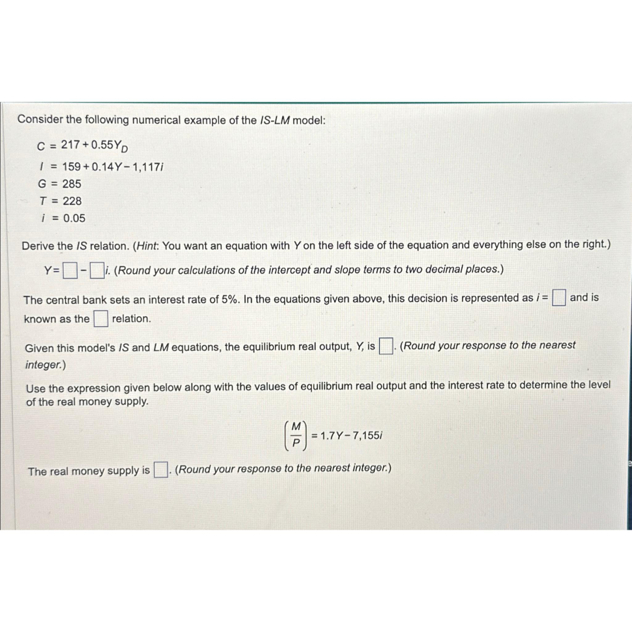 Solved Consider the following numerical example of the IS-LM | Chegg.com