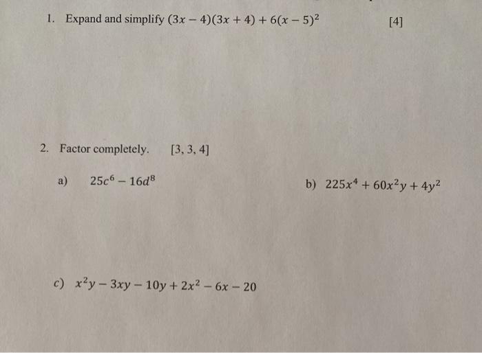 Solved 1. Expand and simplify (3x - 4)(3x + 4) + 6(x - 5)2 | Chegg.com
