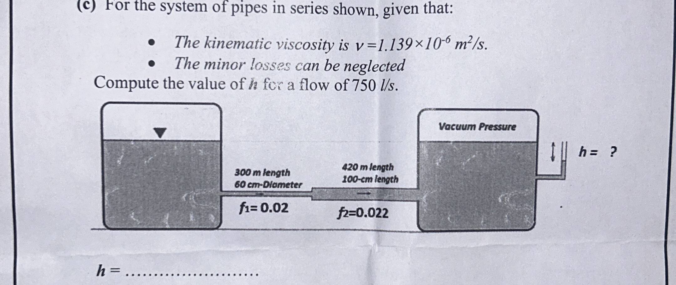 Solved (c) ﻿For the system of pipes in series shown, given | Chegg.com