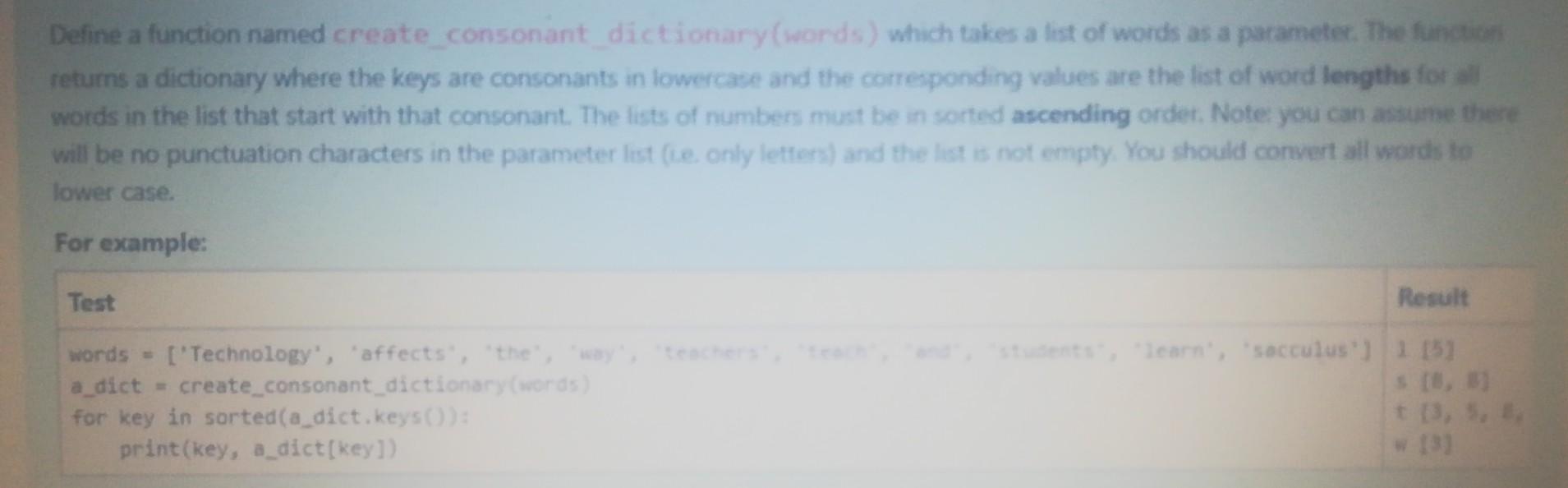 Solved Define a function named create consonant dictionary | Chegg.com