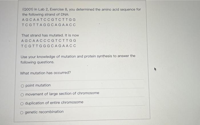 (Q001) In Lab 2, Exercise 8, you determined the amino | Chegg.com