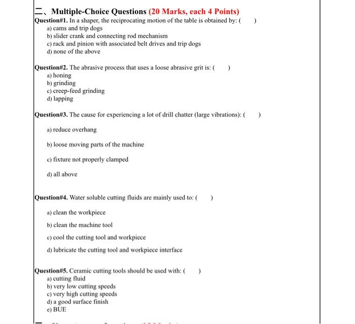 Solved 二、 Multiple-Choice Questions (20 Marks, each 4 | Chegg.com
