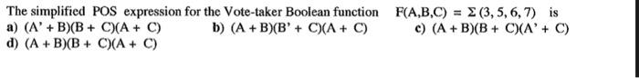 Solved The simplified POS expression for the Vote-taker | Chegg.com
