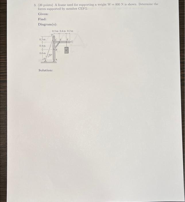 Solved 3. (20 points) A frame used for supporting a weight W | Chegg.com