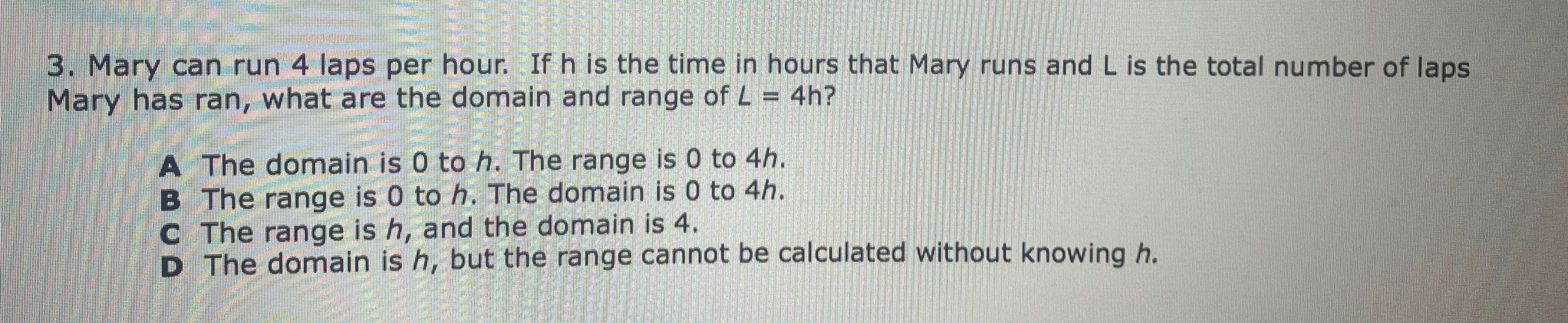 Solved Mary can run 4 ﻿laps per hour. If h ﻿is the time in | Chegg.com