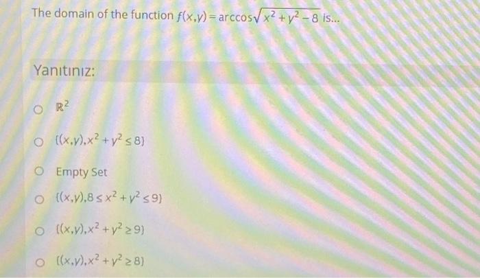 The domain of the function f(x,y) = arccos x² + y² -8 | Chegg.com