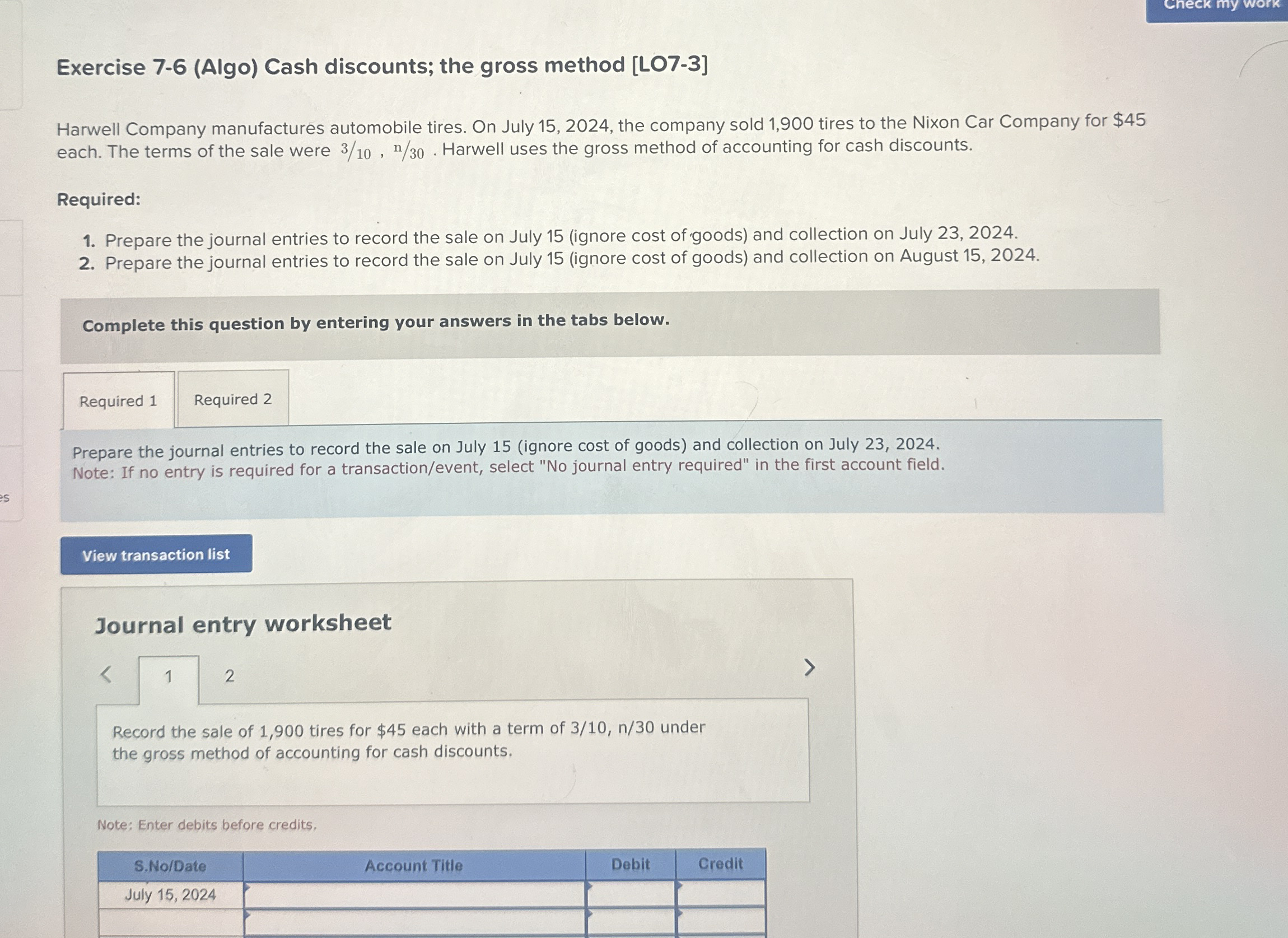Solved Exercise 7-6 (Algo) ﻿Cash discounts; the gross method | Chegg.com