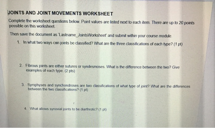 JOINTS AND JOINT MOVEMENTS WORKSHEET Complete the | Chegg.com