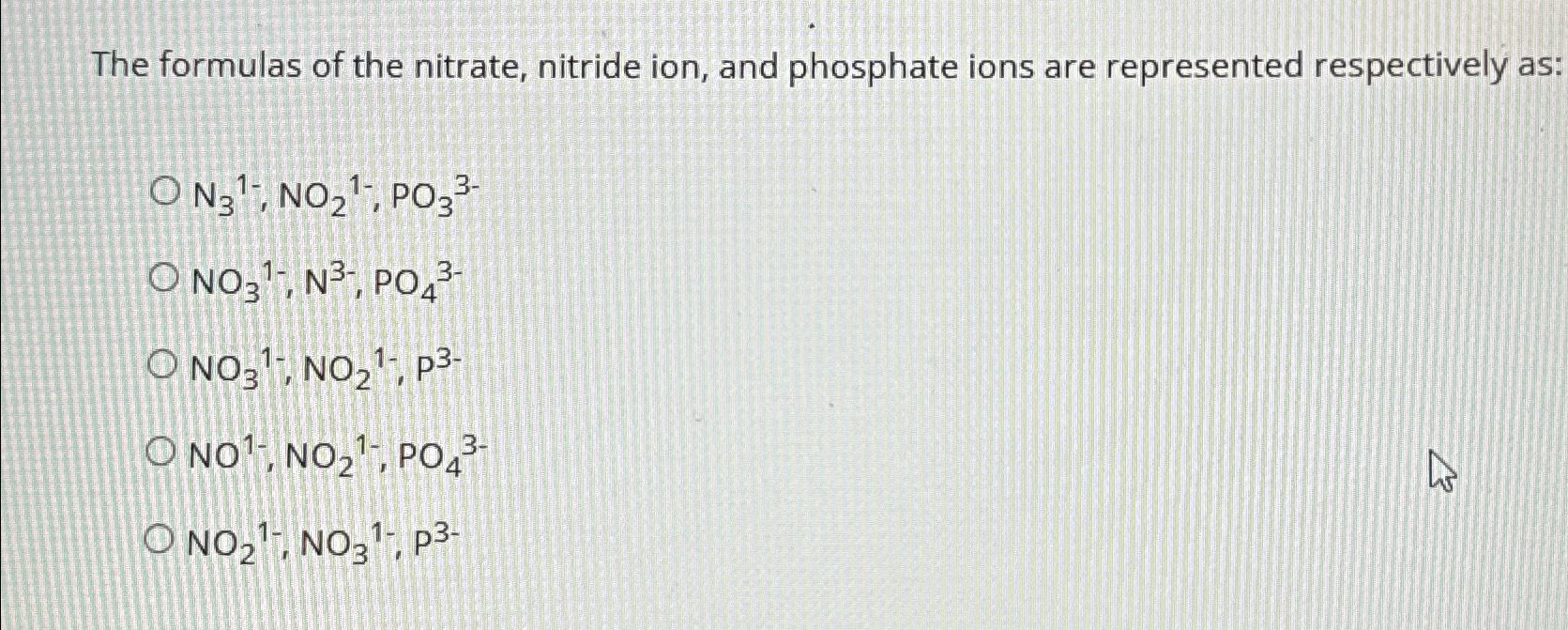 Solved The formulas of the nitrate, nitride ion, and | Chegg.com