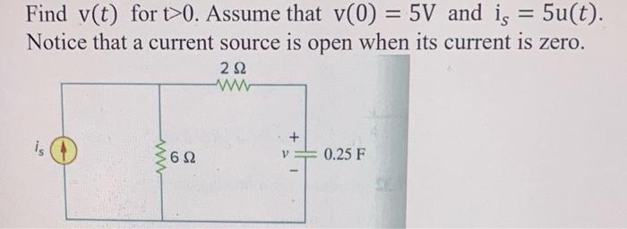 Solved Find v(t) for t>0. Assume that v(0)=5 V and is=5u(t). | Chegg.com