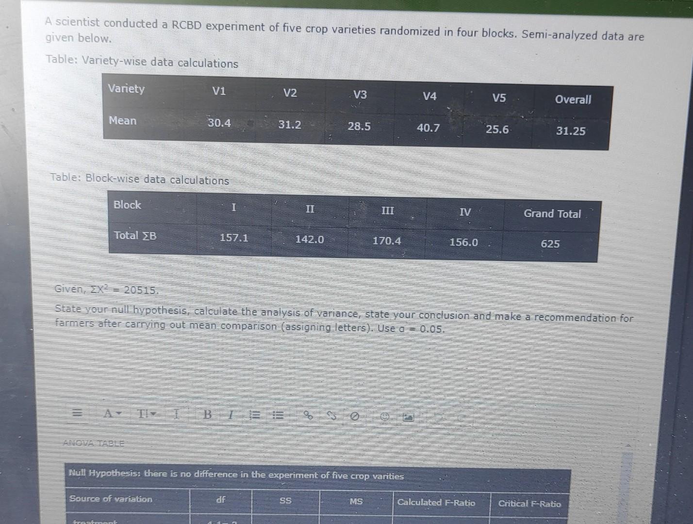 A scientist conducted a RCBD experiment of five crop | Chegg.com
