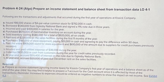 Solved Problem 4-24 (Algo) Prepare an income statement and | Chegg.com