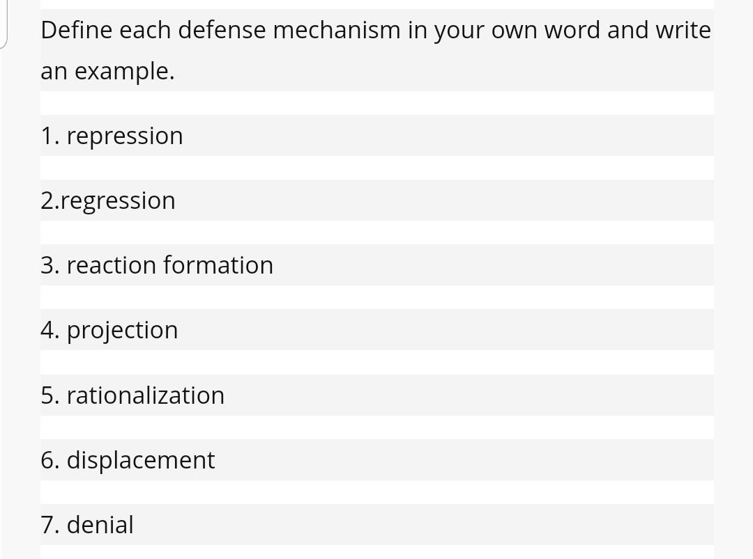 Solved Define each defense mechanism in your own word and | Chegg.com