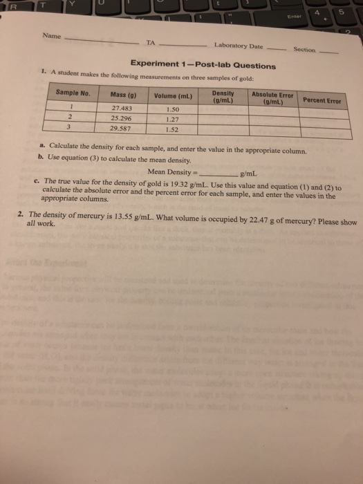 Solved Name TA Laboratory Date - Section Experiment | Chegg.com