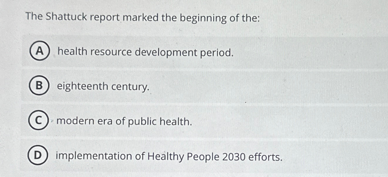 Solved The Shattuck report marked the beginning of | Chegg.com