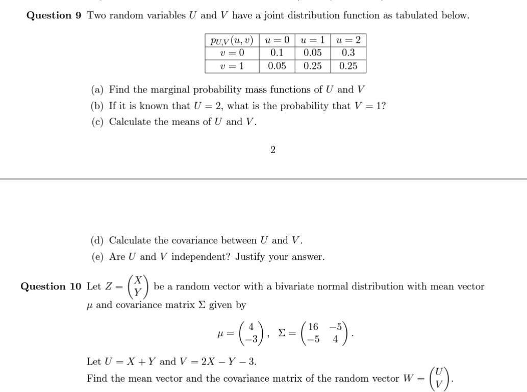 Solved Question 9 Two random variables U and V have a joint | Chegg.com