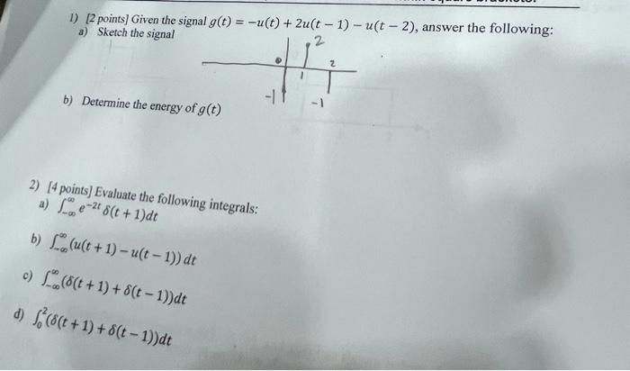 Solved d) 1) [2 points] Given the signal g(t) = −u(t) + 2u(t | Chegg.com