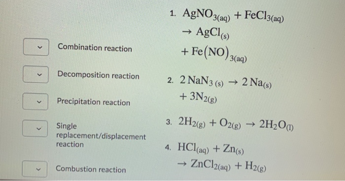 Solved 1. AgNO3(aq) + FeCl3(aq) → AgCl) Combination reaction | Chegg.com