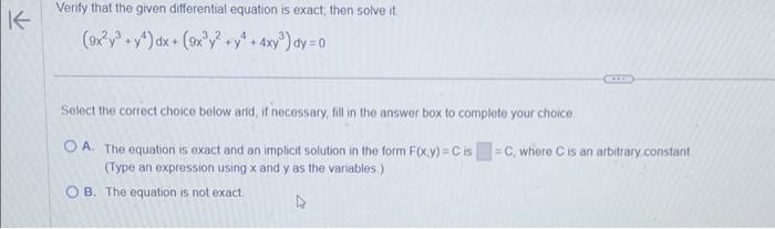 Solved K Verify that the given differential equation is | Chegg.com