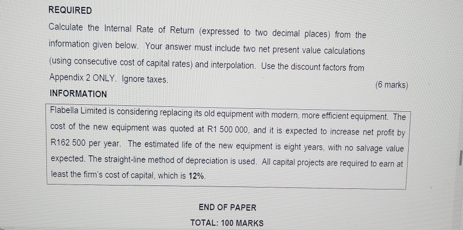 Solved REQUIREDCalculate the Internal Rate of Return | Chegg.com