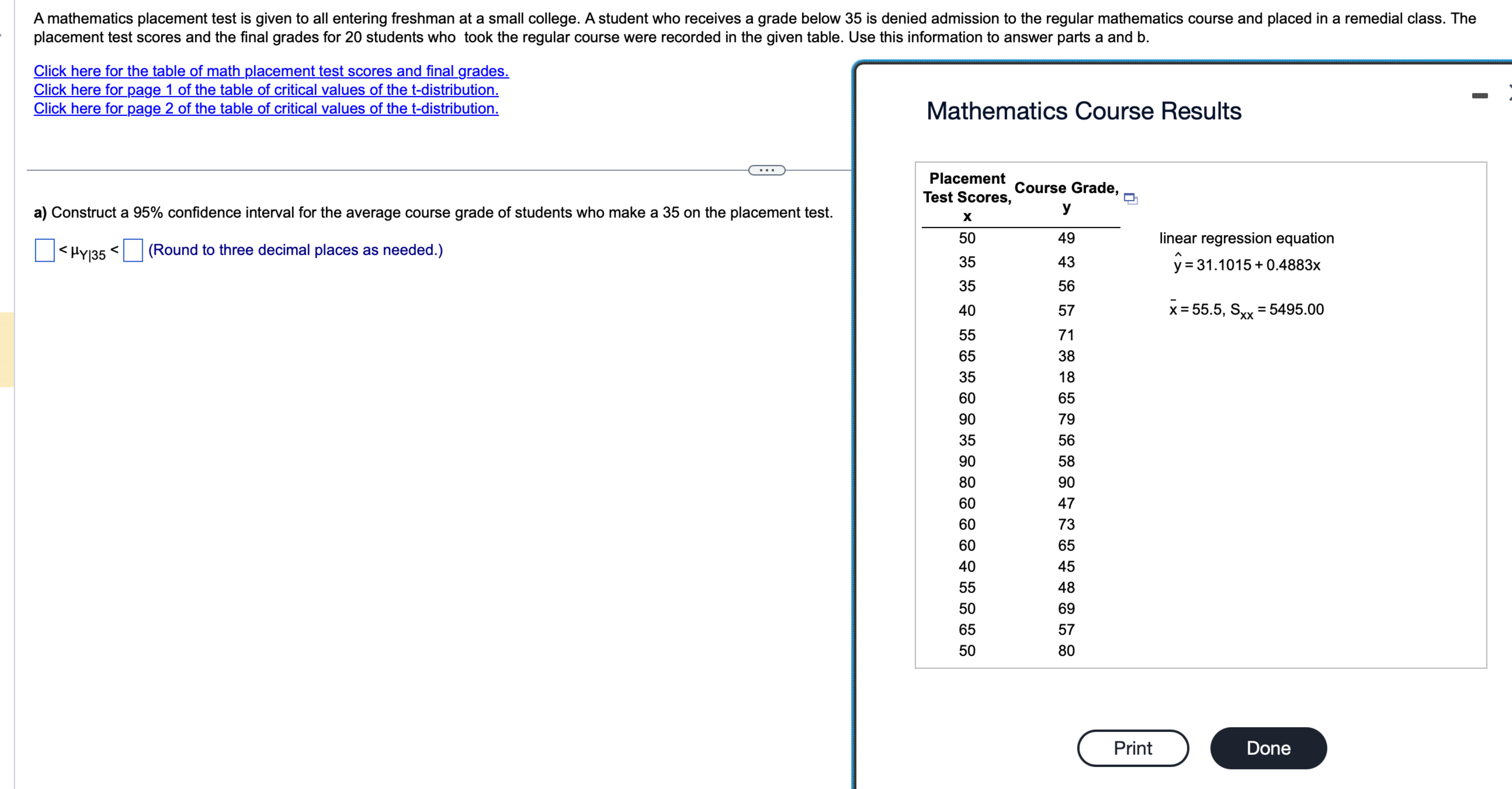 Solved placement test scores and the final grades for 20 | Chegg.com