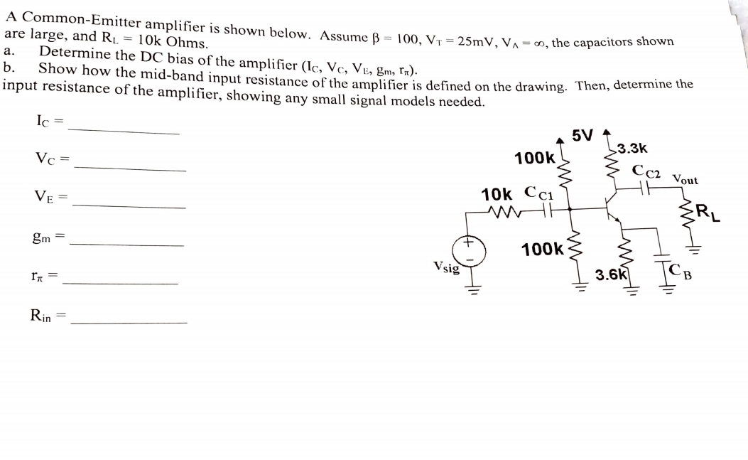 Solved A Common-Emitter amplifier is shown below. Assume | Chegg.com