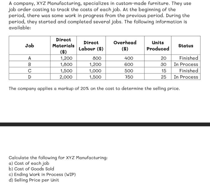 Solved A company, XYZ Manufacturing, specializes in | Chegg.com