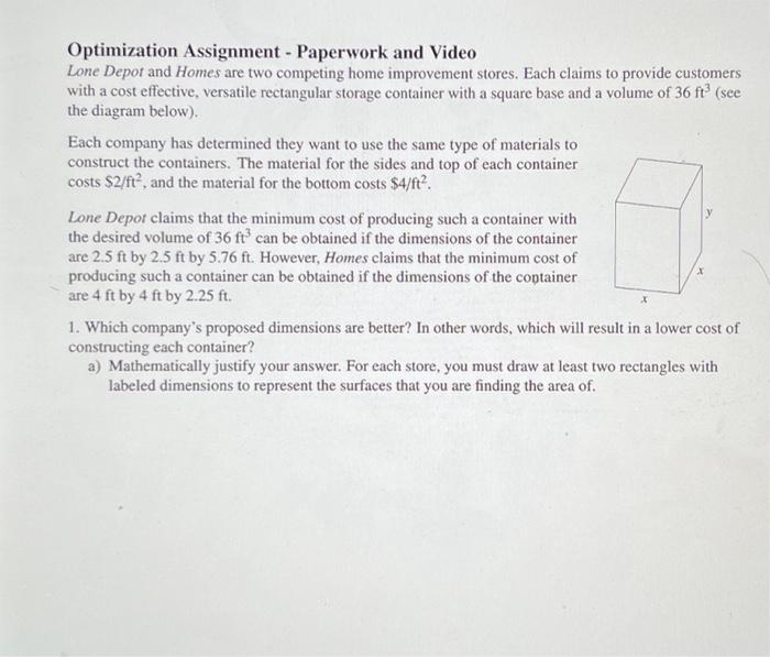 Solved Optimization Assignment - Paperwork and Video Lone | Chegg.com