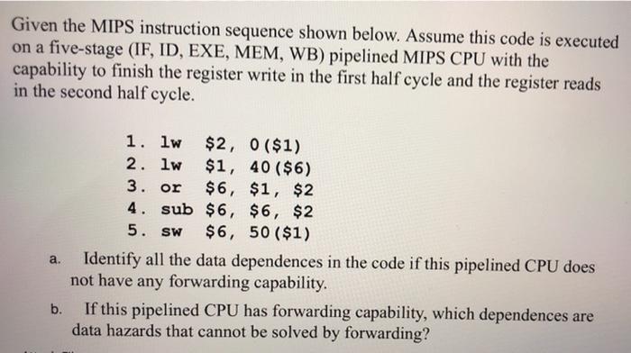 Solved Given the MIPS instruction sequence shown below. | Chegg.com