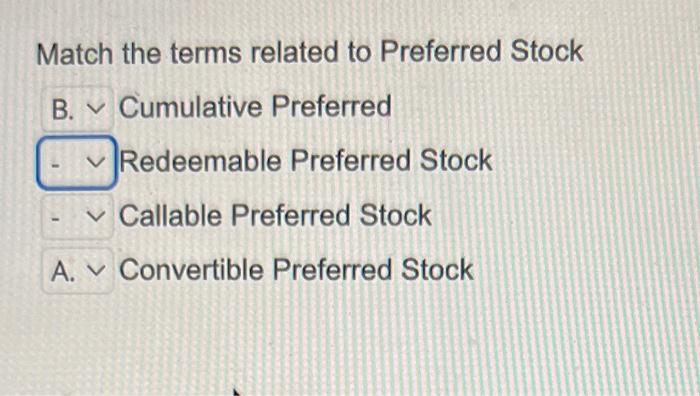 Solved Match the terms related to Preferred Stock B. ∨ | Chegg.com