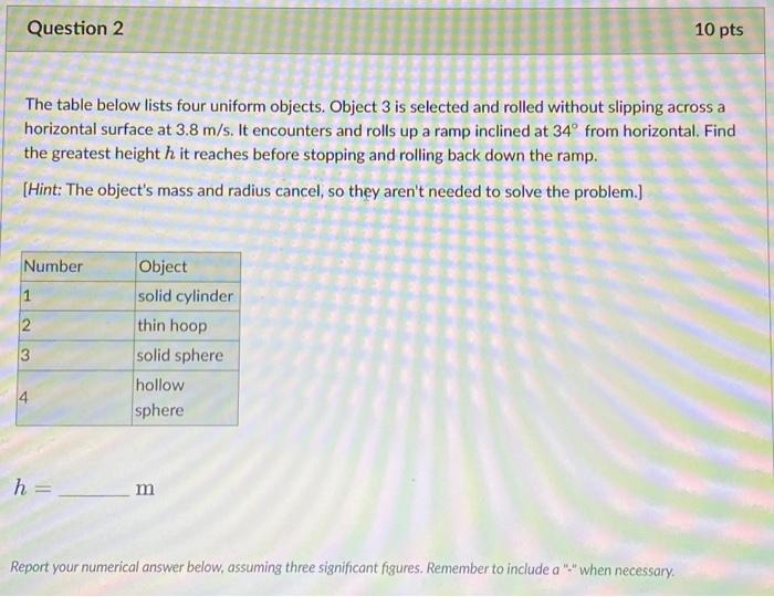The Table Below Lists Four Uniform Objects Object 3