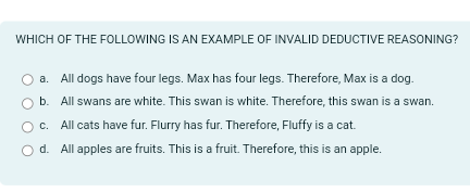 Solved WHICH OF THE FOLLOWING IS AN EXAMPLE OF INVALID | Chegg.com