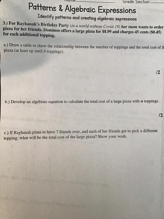 Solved Grade Section Patterns & Algebraic Expressions | Chegg.com