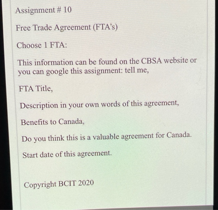 Solved Assignment # 10 Free Trade Agreement (FTA's) Choose 1 | Chegg.com