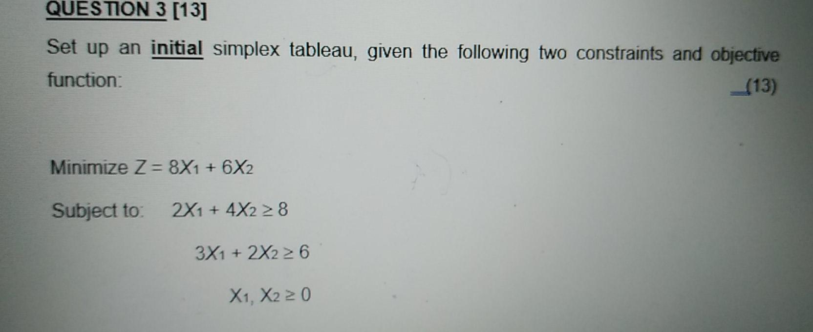 Solved QUESTION 3 [13] Set up an initial simplex tableau, | Chegg.com
