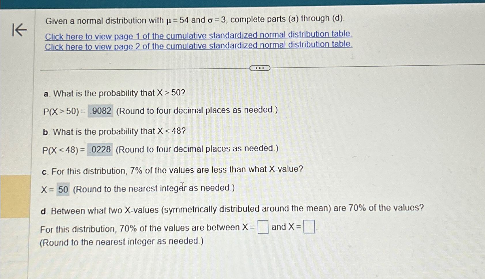 Solved Given a normal distribution with μ=54 ﻿and σ=3, | Chegg.com