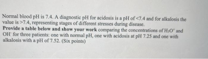 Solved Normal blood pH is 7.4. A diagnostic pH for acidosis | Chegg.com