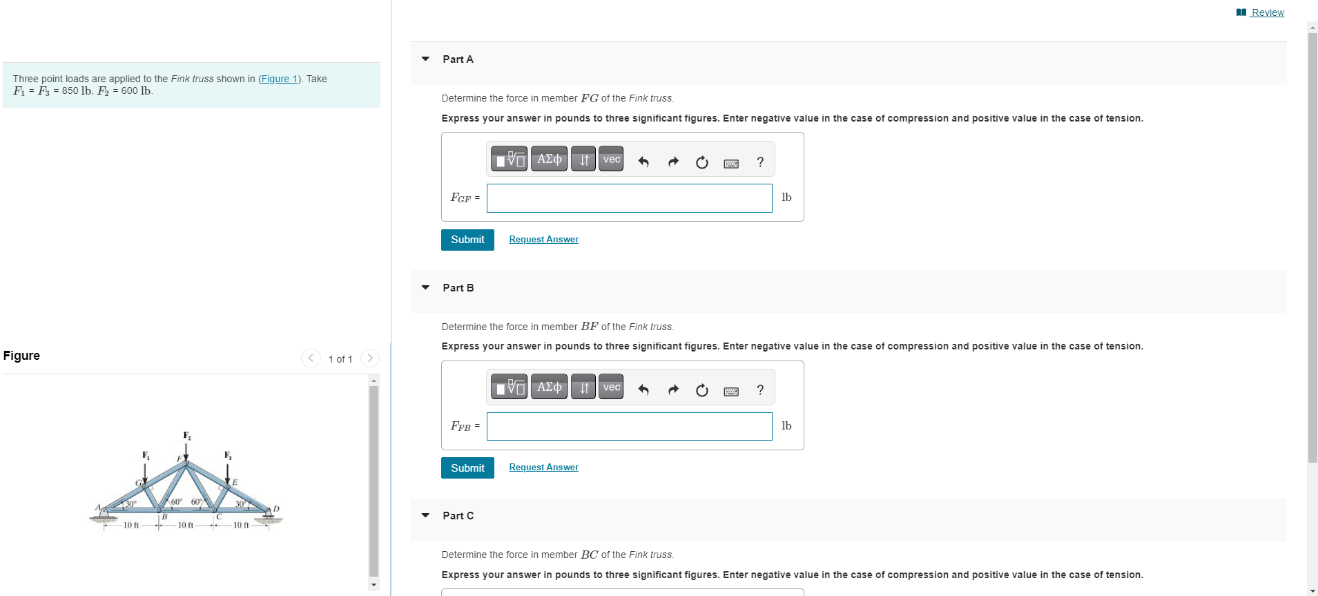 Solved Three point loads are applied to the Fink truss shown | Chegg.com