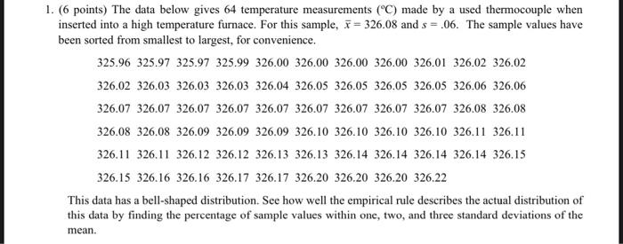 Solved 1. (6 points) The data below gives 64 temperature | Chegg.com
