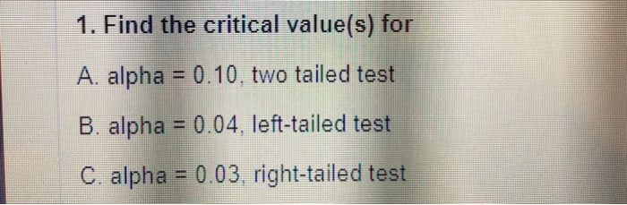 Solved 1. Find the critical value(s) for A. alpha = 0.10, | Chegg.com