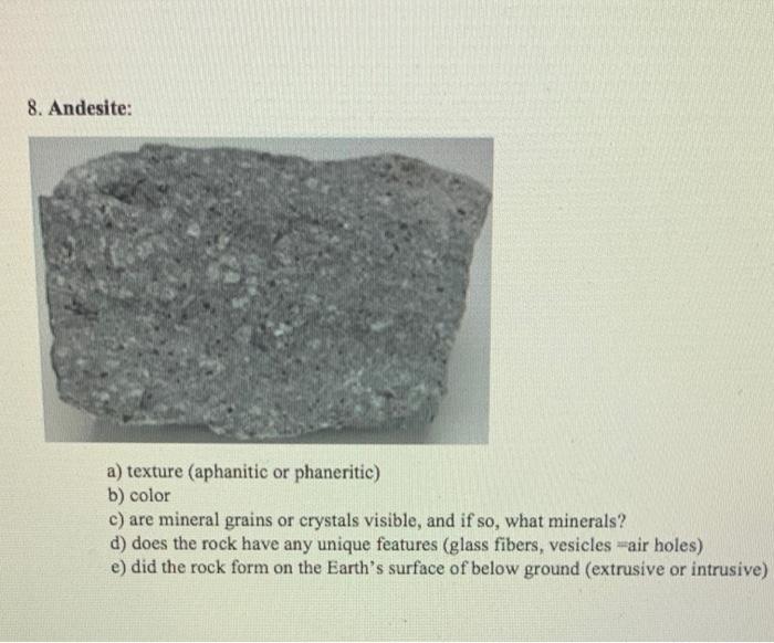 Solved 8. Andesite: a) texture (aphanitic or phaneritic) b) | Chegg.com