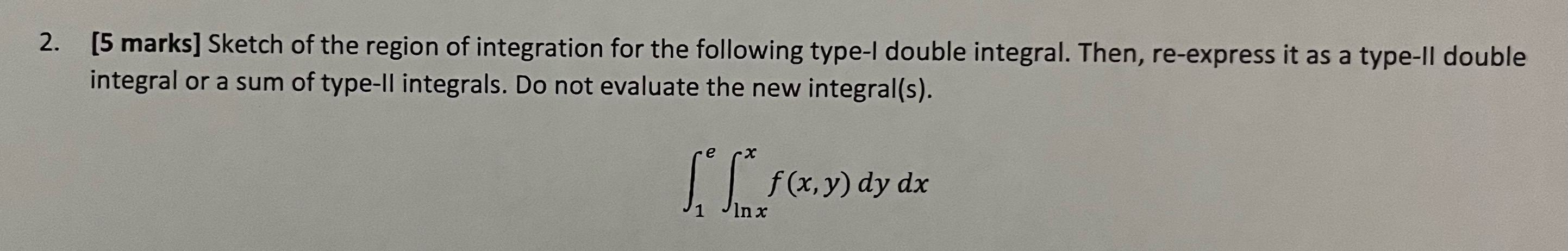 Solved [5 ﻿marks] ﻿Sketch of the region of integration for | Chegg.com