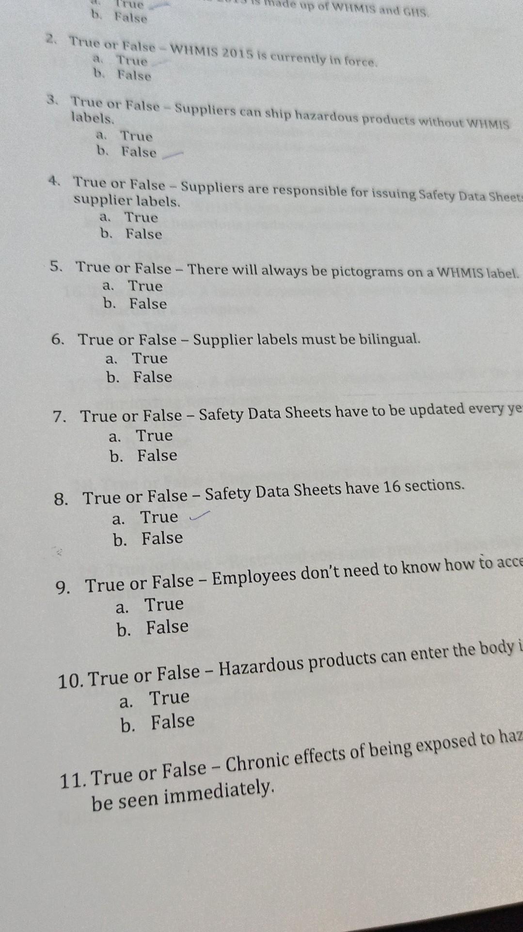 Solved 2. True or False - WHMIS 2015 is currently in force. | Chegg.com