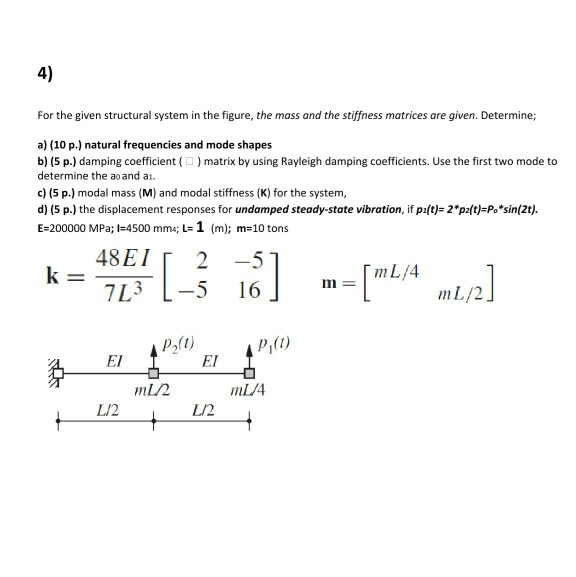 Solved 4) For the given structural system in the figure, the | Chegg.com