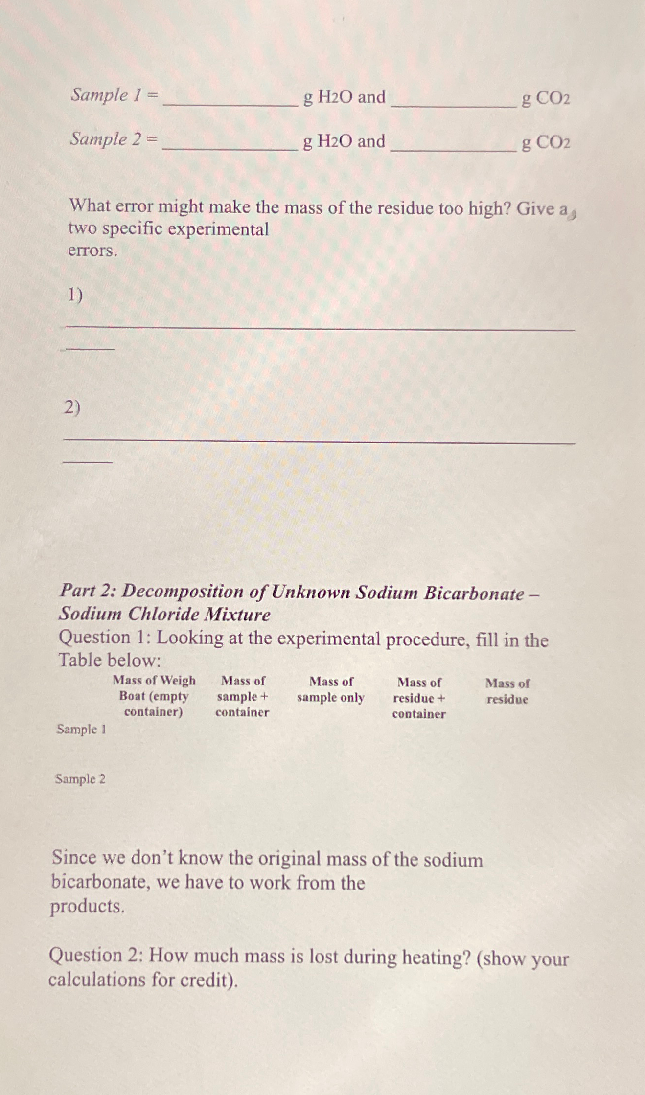 Solved Sample 1=g H2O ﻿andgCO2Sample 2g H2O ﻿anigCO2What | Chegg.com