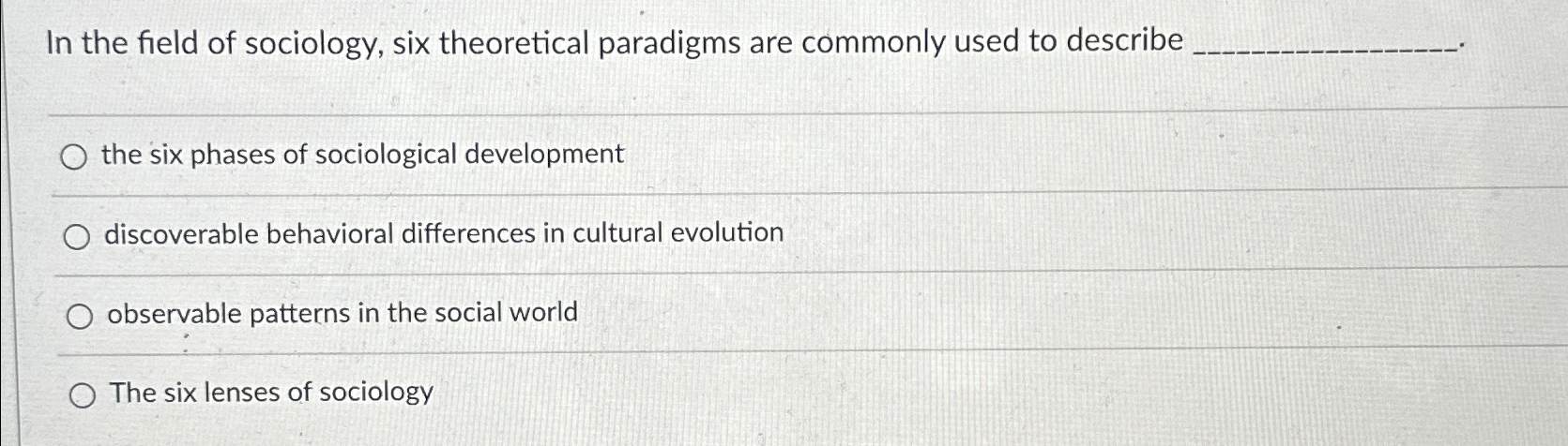Solved In the field of sociology, six theoretical paradigms | Chegg.com