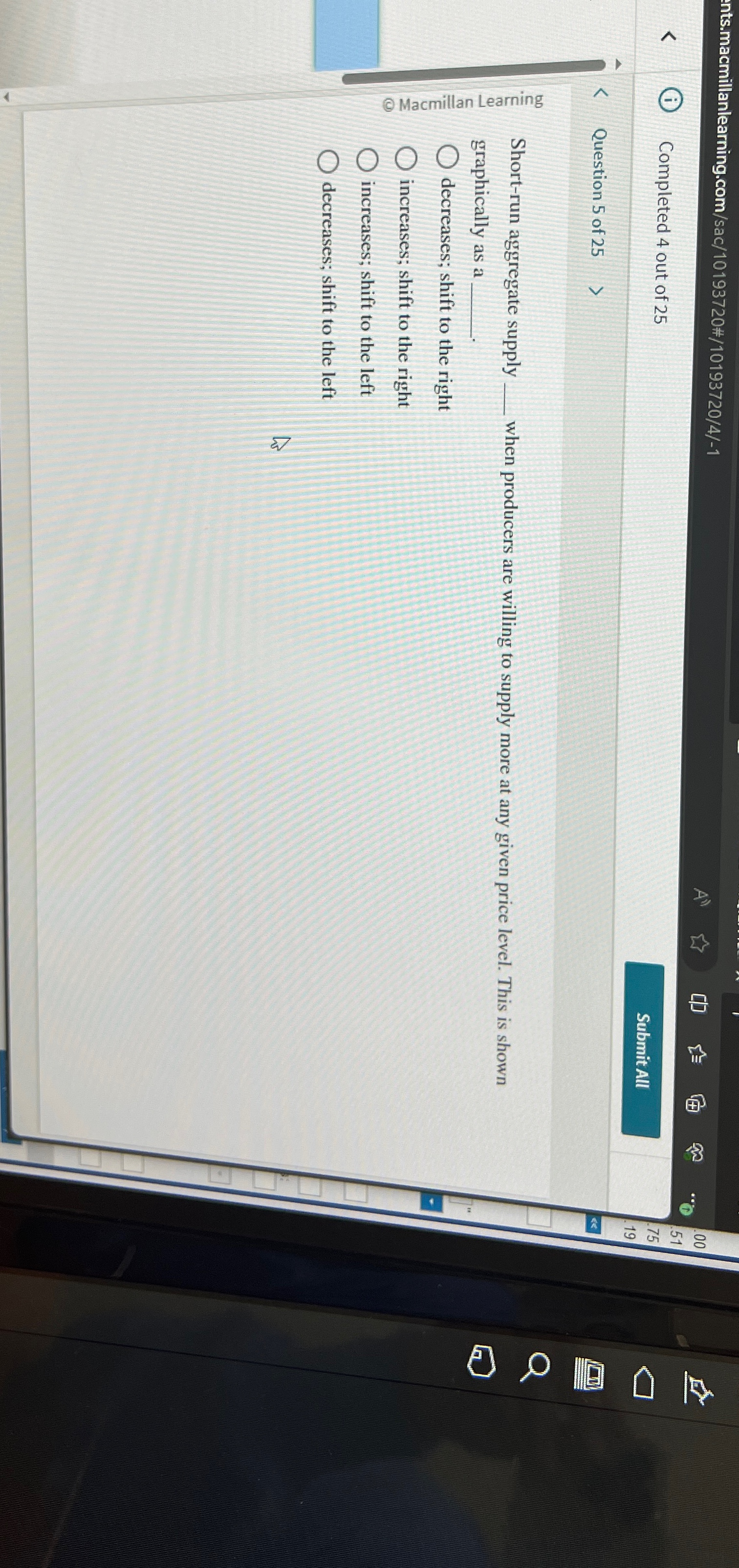 Solved Question 5 ﻿of 25>Short-run aggregate supply when | Chegg.com