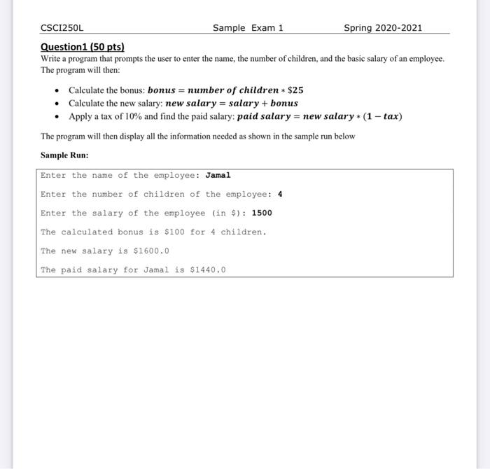 Solved CSCI250L Sample Exam 1 Spring 2020-2021 Question1 (50 | Chegg.com