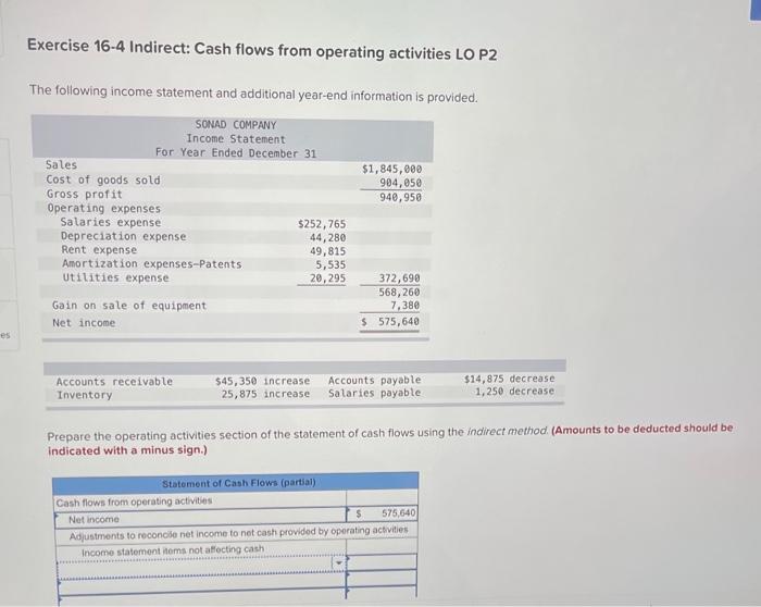 Solved Exercise 16−4 Indirect: Cash flows from operating | Chegg.com