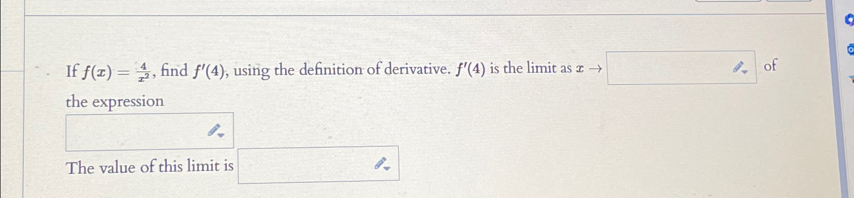 Solved If f(x)=4x2, ﻿find f'(4), ﻿using the definition of | Chegg.com